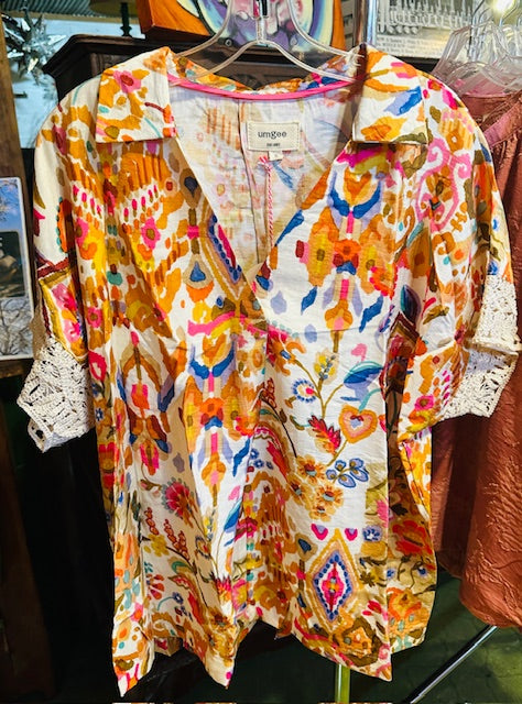 Orange Abstract Top with Crochet Detail – River Ruby Boutique