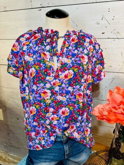Royal Blue Floral Blouse – River Ruby Boutique