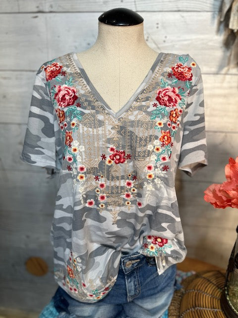 Grey Camo Embroidered Top – River Ruby Boutique