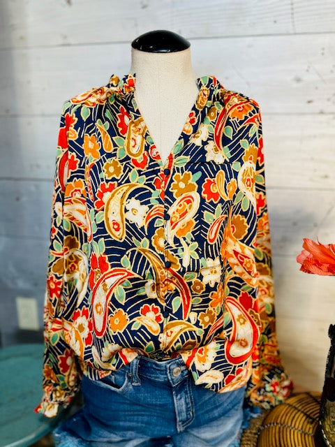 Navy & Gold Paisley Top – River Ruby Boutique
