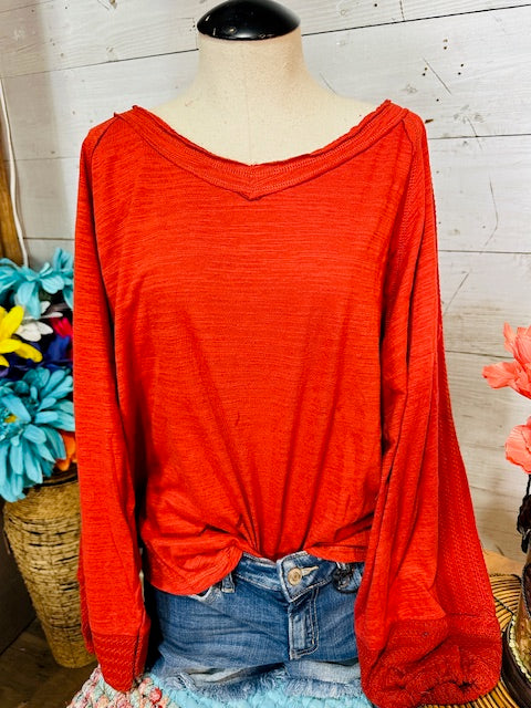Wide Neck Top with Raw Edged Details and Contrast Knit on Puff Sleeves – River Ruby Boutique