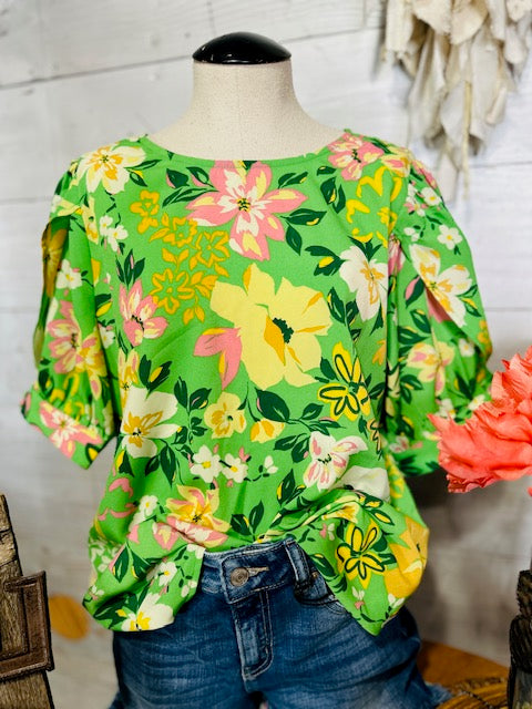 Kelly Green Floral Print Blouse – River Ruby Boutique