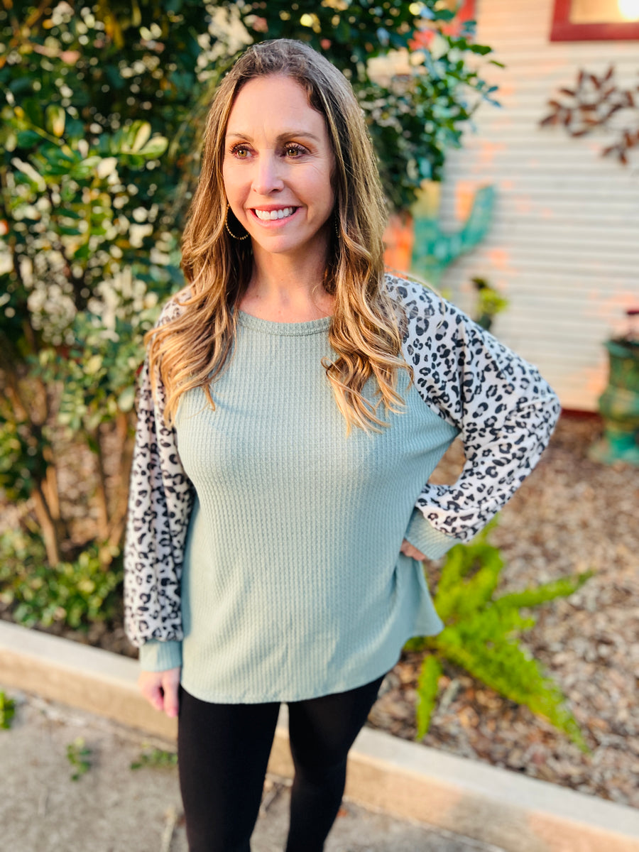 Dusty Sage Cheetah Waffle Top – River Ruby Boutique