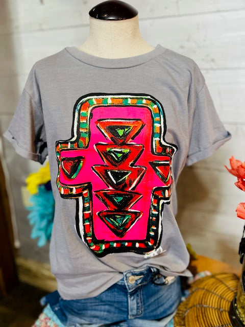Painted Neon Pink Cross Tee – River Ruby Boutique
