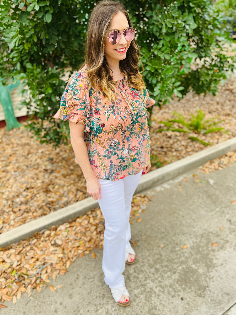 Coral off shoulder Floral Top – River Ruby Boutique